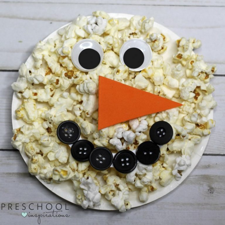 Paper Plate Snowman Craft with a Popcorn Twist - Preschool Inspirations